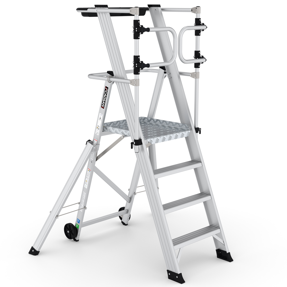 سلم الومنيوم حرف A درج عريض و بسطة من جانب واحد 3+1 درجة و مزود بتربزي – eTawredat